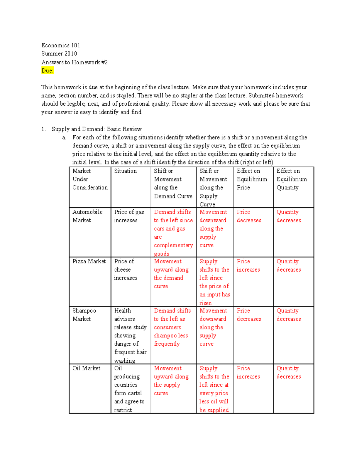 Answerstohomework 2summer 2010 - Economics 101 Summer 2010 Answers to ...