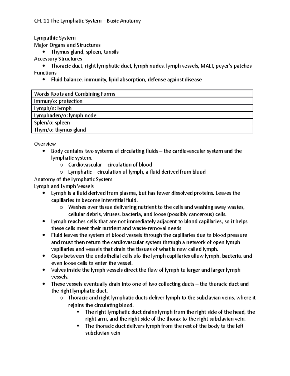 CH 11 Lympathic System - Notes - Lympathic System Major Organs and ...