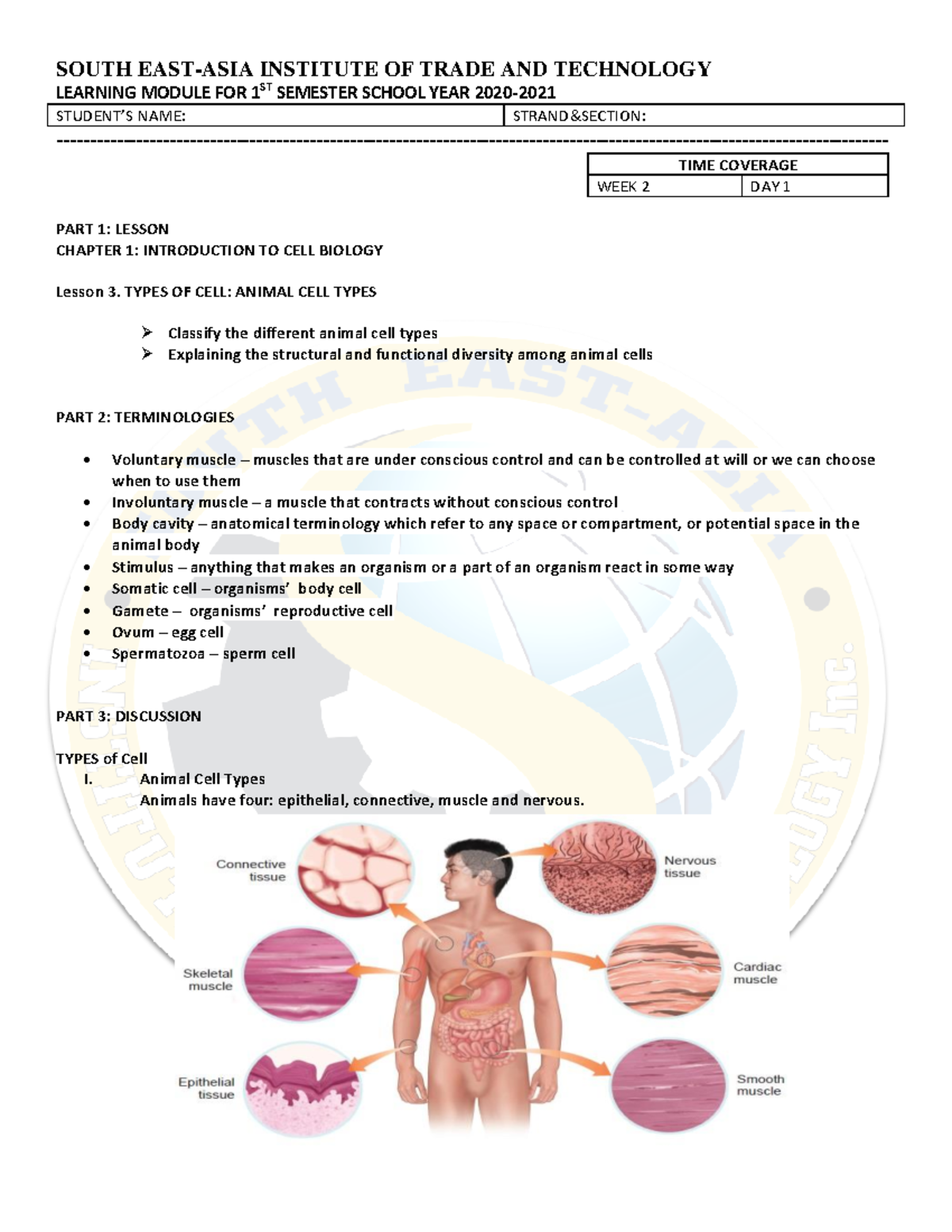 GENB Animal Tissue - LEARNING MODULE FOR 1ST SEMESTER SCHOOL YEAR 2020 ...