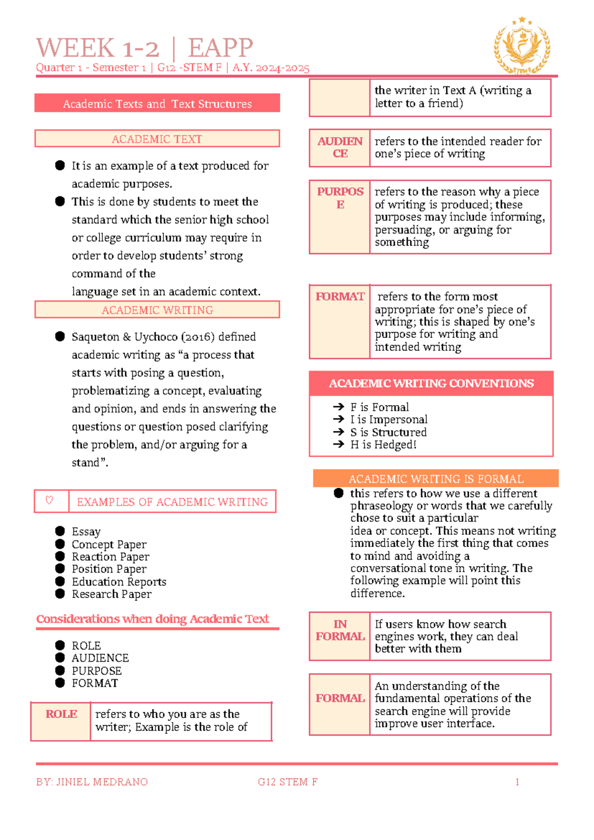 Reviewer-EAPP W1-2 - eapp - WEEK 1-2 | EAPP Quarter 1 - Semester 1 | G12 -STEM F | A. 2024 ...