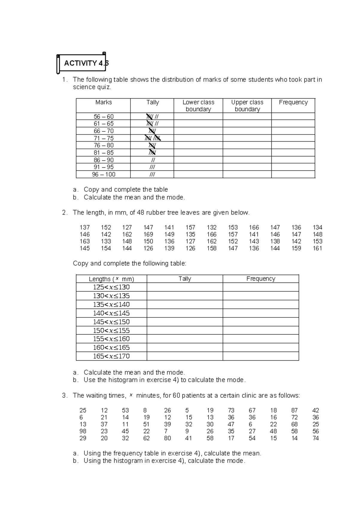 Worksheet IN MEAN Median MODE Range OF Grouped DATA - ACTIVITY 4. 1 ...