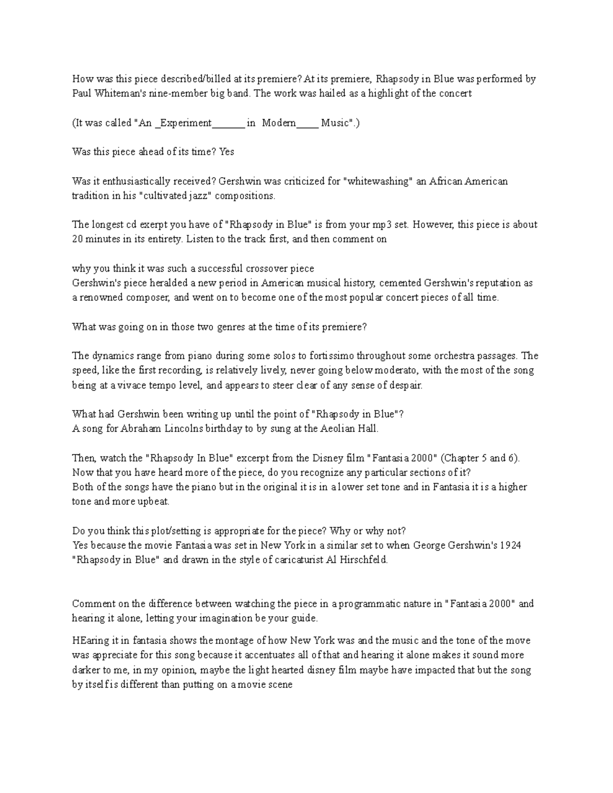 Rhapsody In Blue Assignment (2 hours) - How was this piece described ...