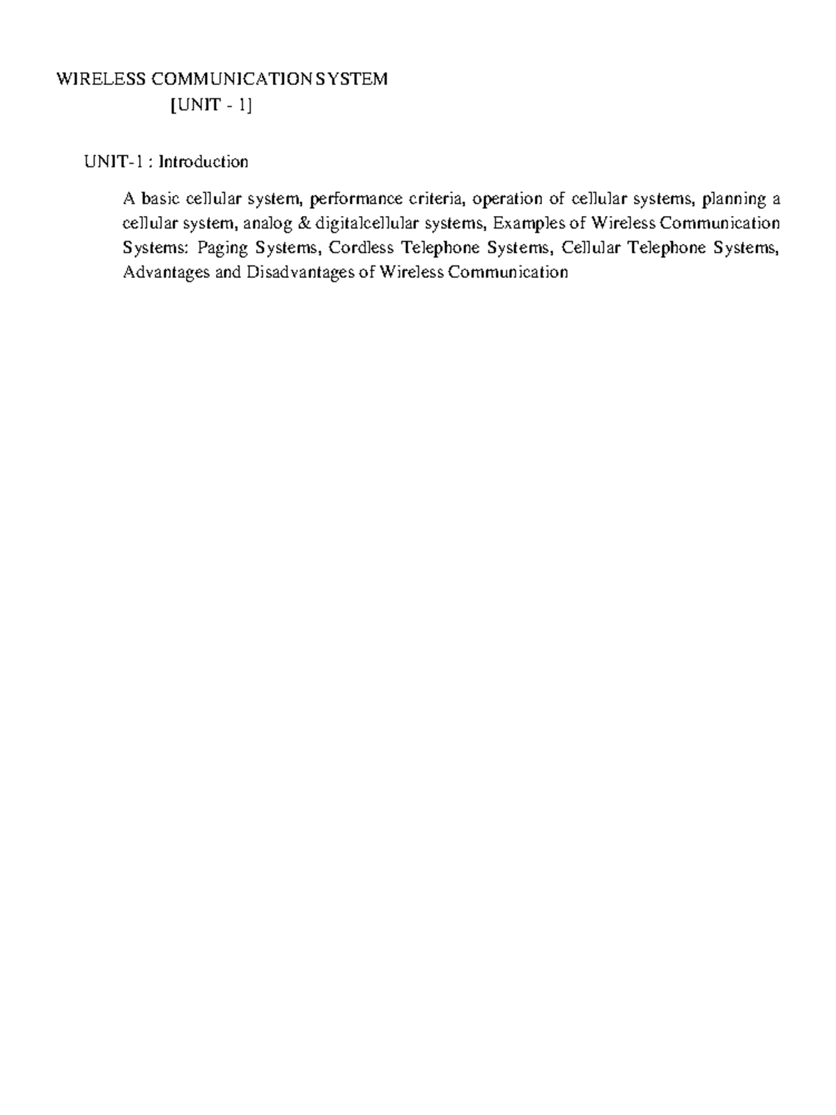 Wireless Communication Syste 1 - WIRELESS COMMUNICATION SYSTEM [UNIT - 1] UNIT-1 : Introduction ...