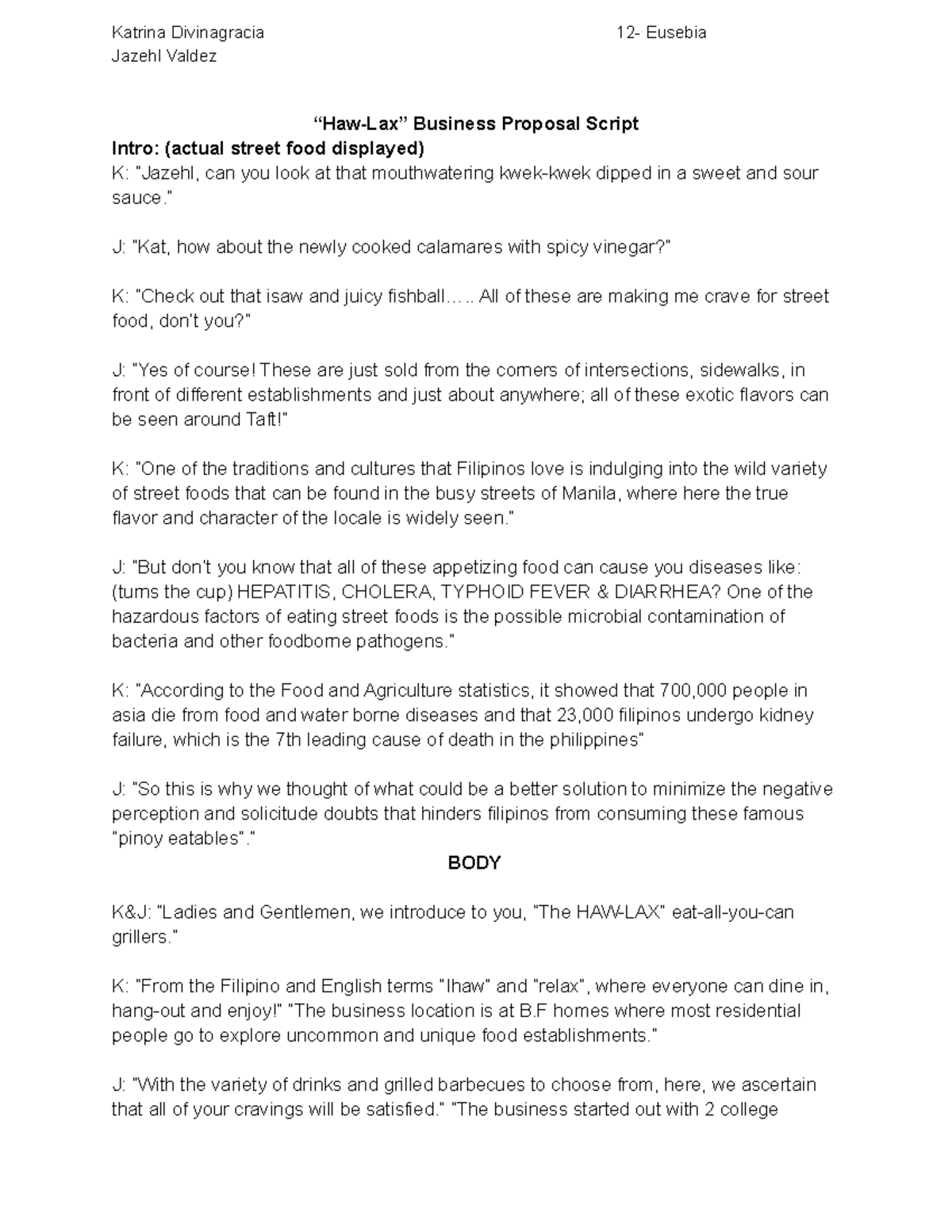 “Haw-Lax” Business Proposal Script - Katrina Divinagracia 12- Eusebia ...