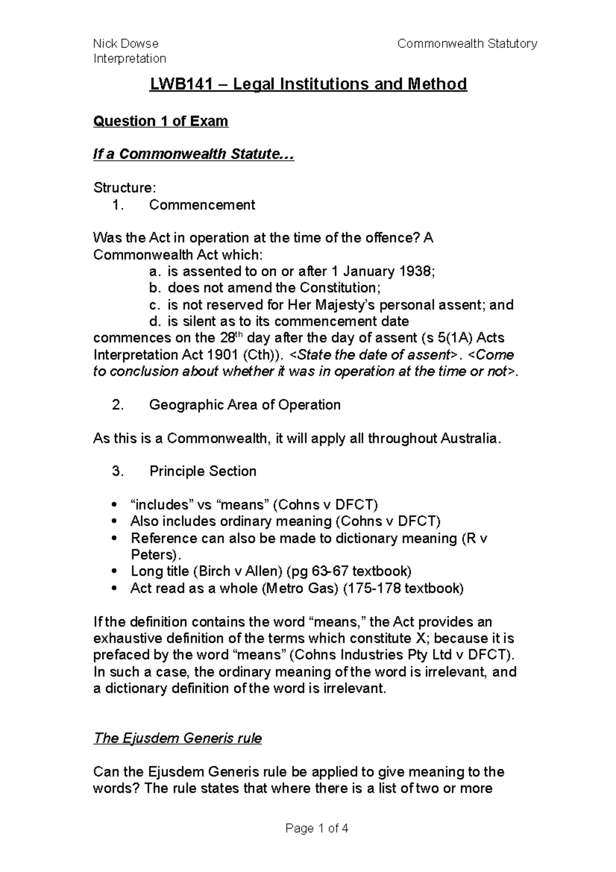 Commonwealth Stat Interp for Exam - Interpretation LWB141 – Legal ...