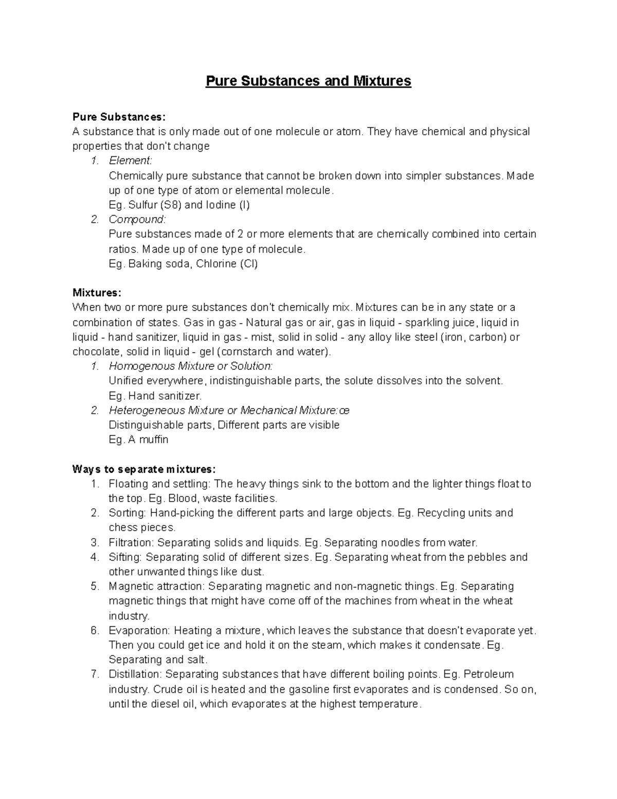 Pure Substances and Mixtures Review Sheet - Pure Substances and ...
