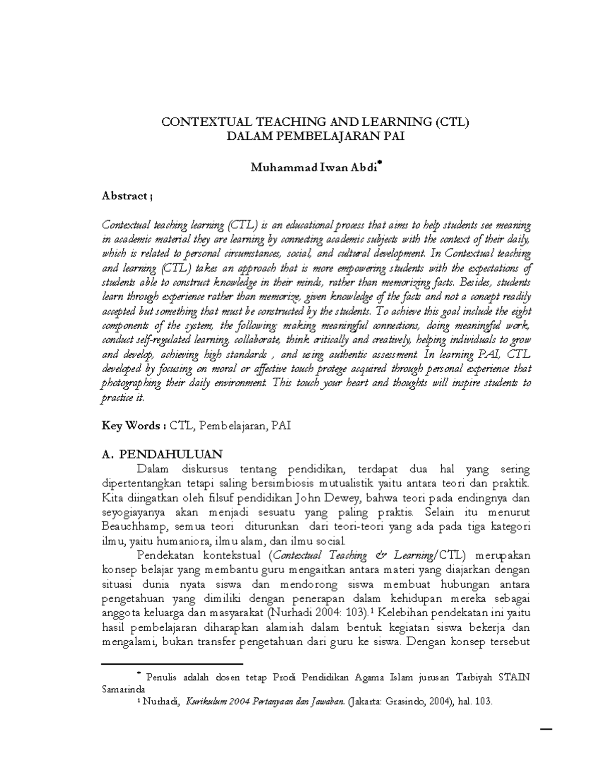 Dynamic Education-24 - CONTEXTUAL TEACHING AND LEARNING (CTL) DALAM PEMBELAJARAN PAI Muhammad ...