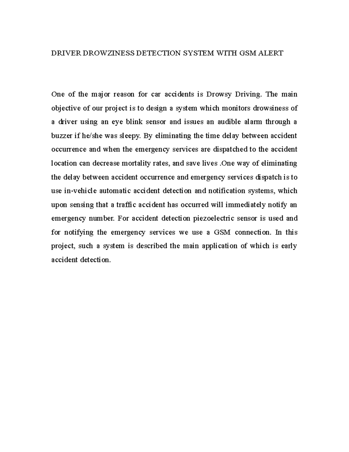 Driver Drowziness Detection System with Gsm - DRIVER DROWZINESS DETECTION SYSTEM WITH GSM ALERT ...