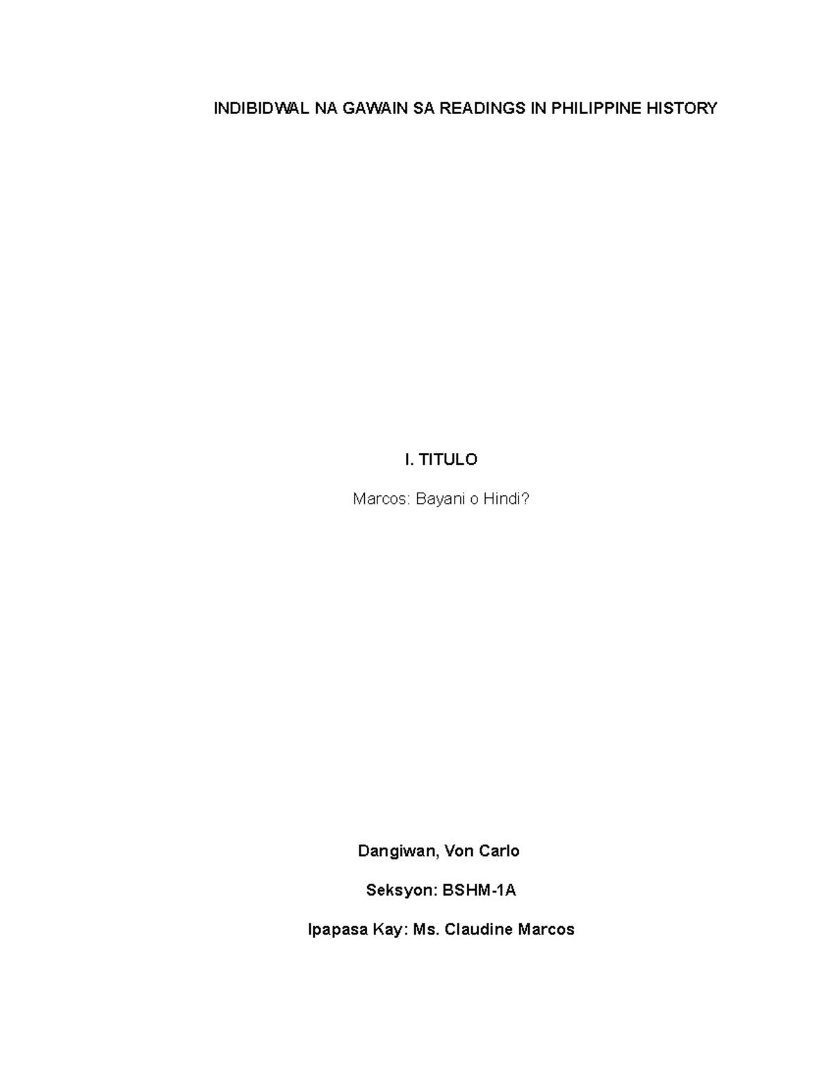 Dangiwan, Von Carlo - RPH Final Output - INDIBIDWAL NA GAWAIN SA READINGS IN PHILIPPINE HISTORY ...