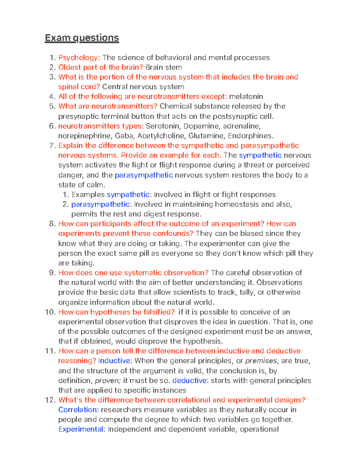 Psychology Exam Questions: Brain Nervous System Experiments and More ...