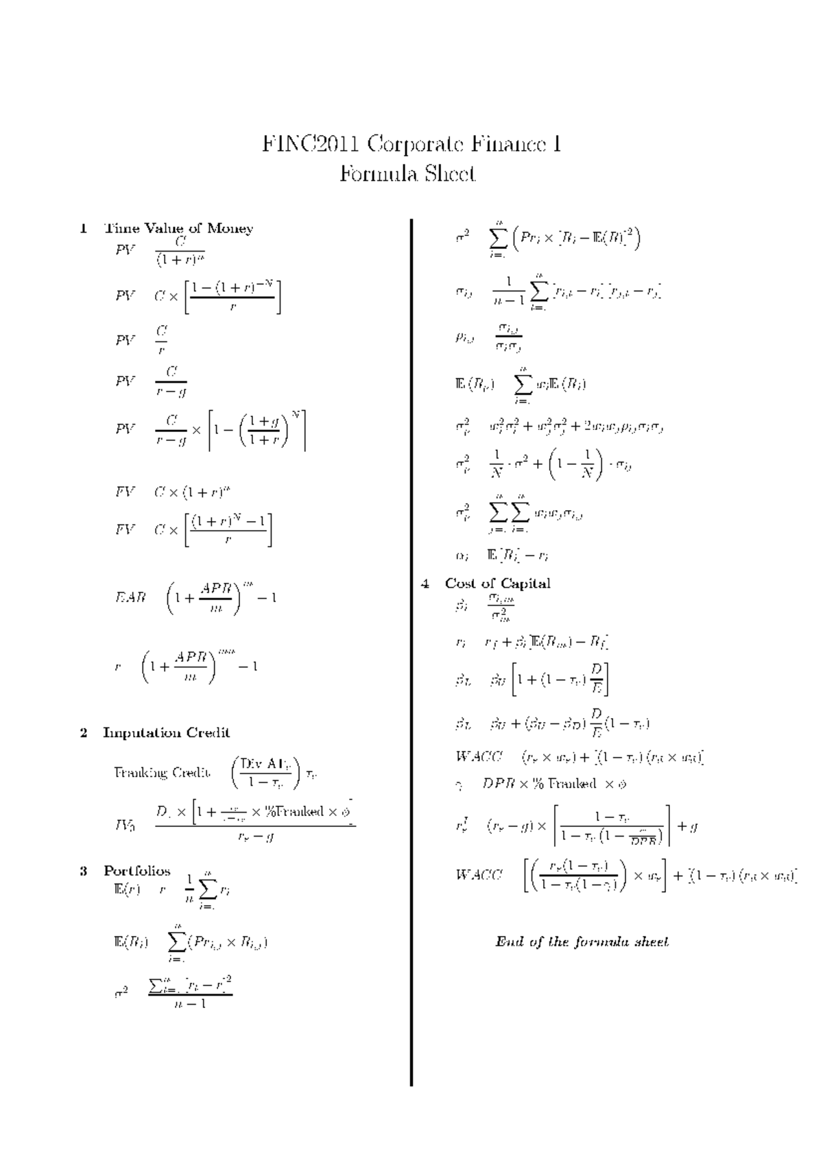 Final Exam Formula Sheet - FINC 2011 Corporate Finance I Formula Sheet ...