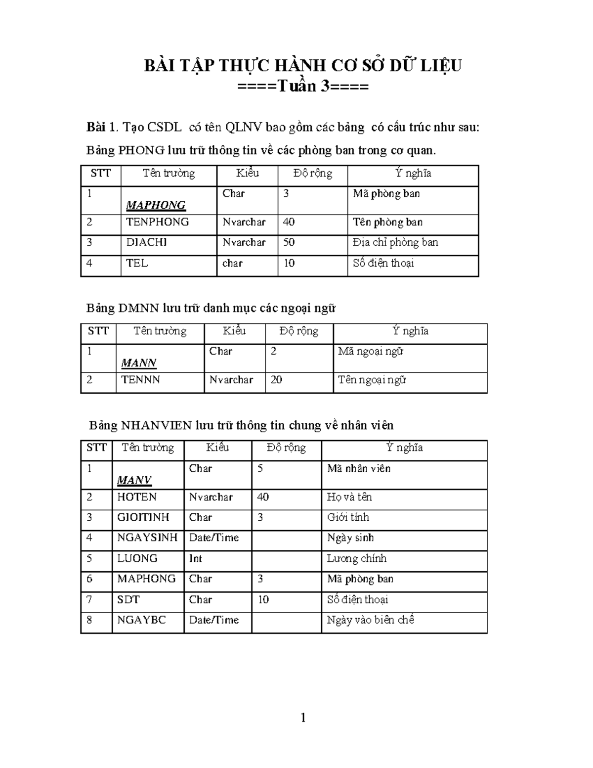 Lab03+04 - Lab1 csdl - BÀI TẬP THỰC HÀNH CƠ SỞ DỮ LIỆU ====Tuần 3==== Bài 1. Tạo CSDL có tên ...