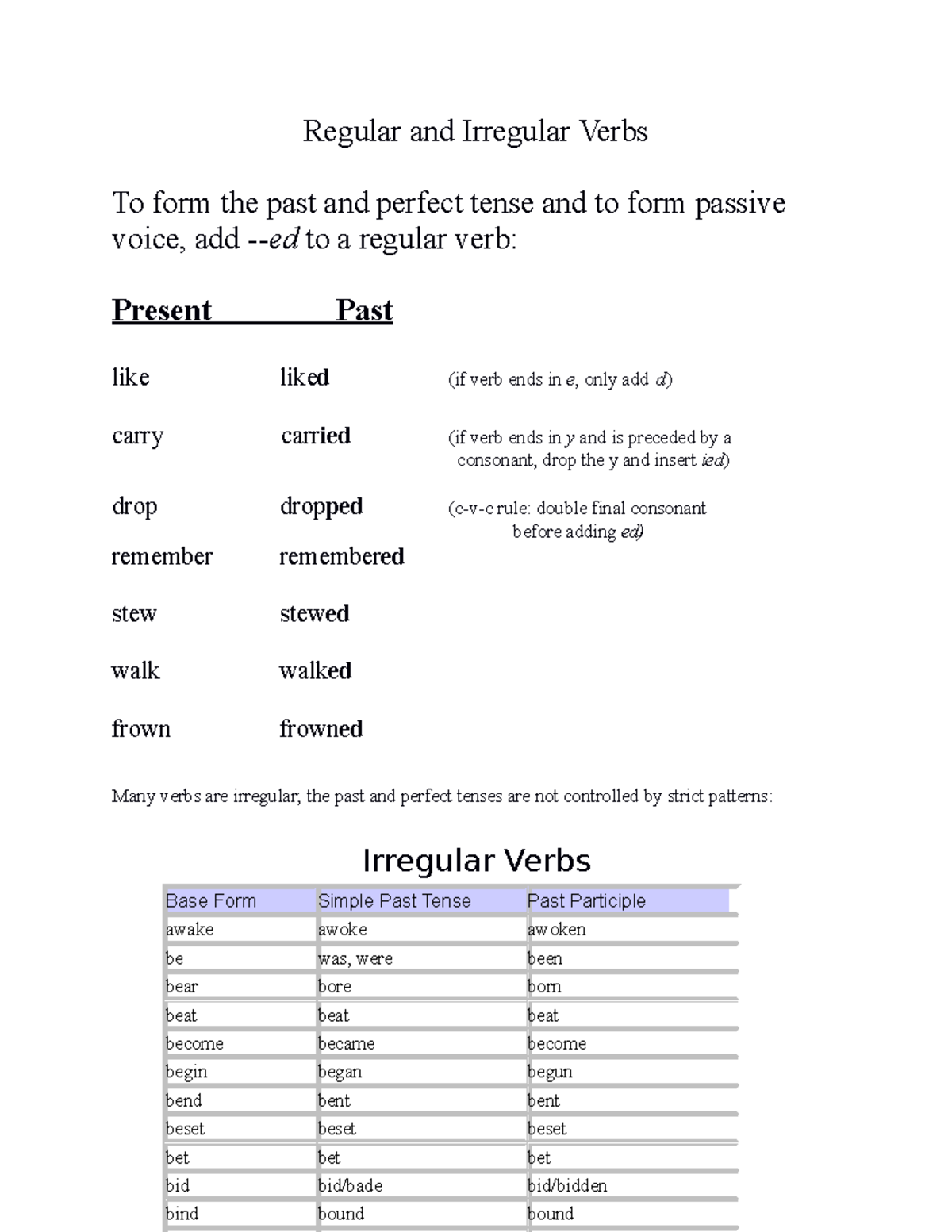 Regular and Irregular Verbs - Studocu