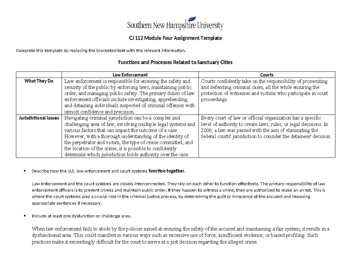 CJ 112 Module Four Assignment - Functions and Processes Related to ...