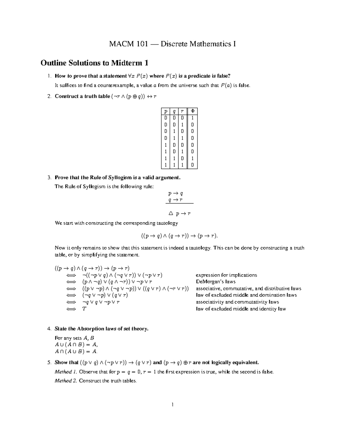 Exam October 15, 2014, questions and answers - Teacher: Andrei Bulatov - MACM 101 — Discrete ...