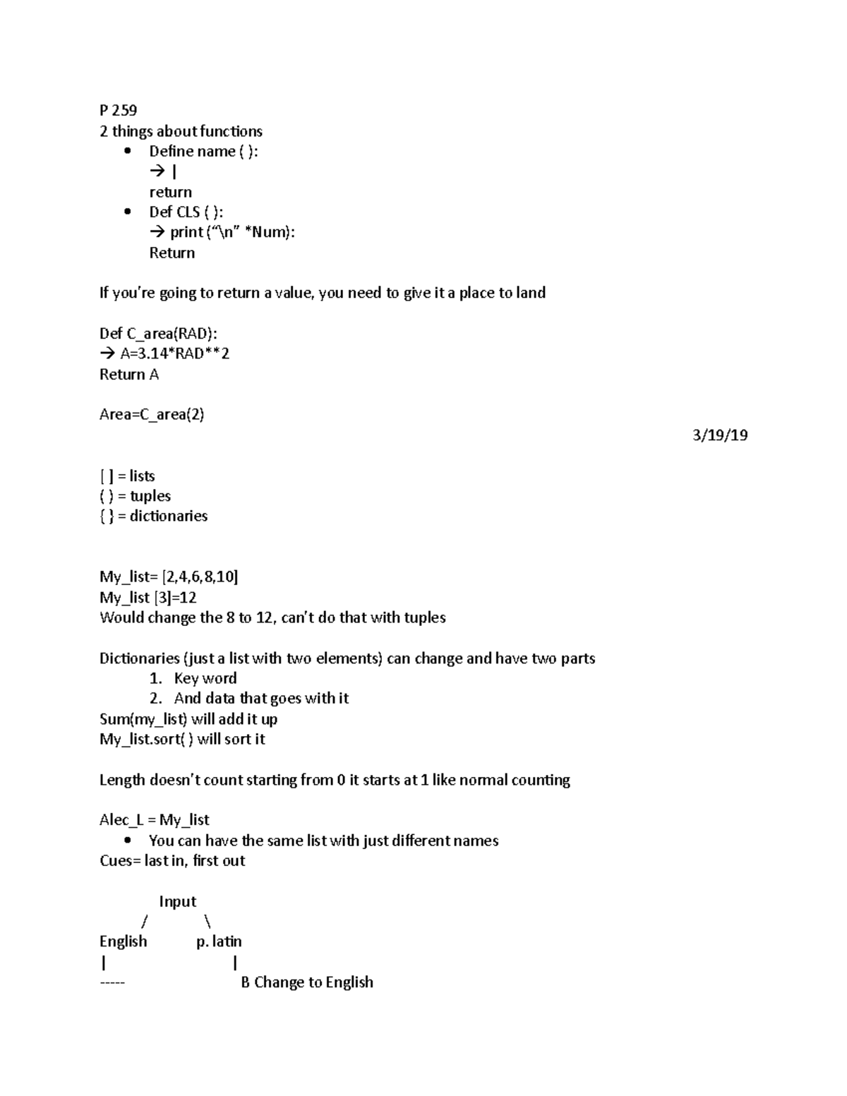 CIS Notes P 259 2 Things About Functions Define Name Return CIS Notes P 259 2 Things About Functions Define Name Return