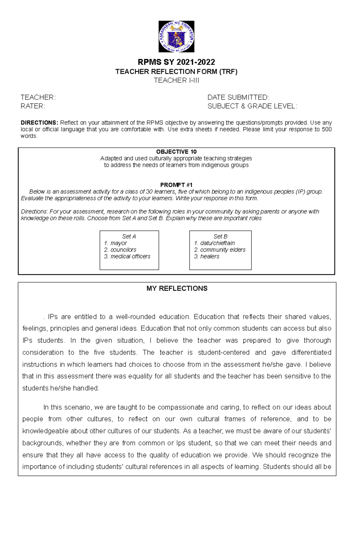 TRF 10 Teacher Reflection FormTeacher Reflection Form Teacher