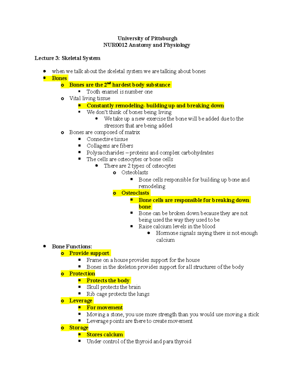 Lecture 3- The Skeletal System - University of Pittsburgh NUR0012 ...