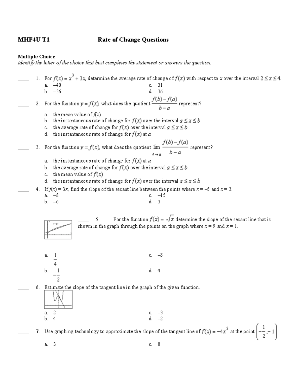 W4 - Rate Of Change Questions - MHF4U T1 Rate of Change Questions ...