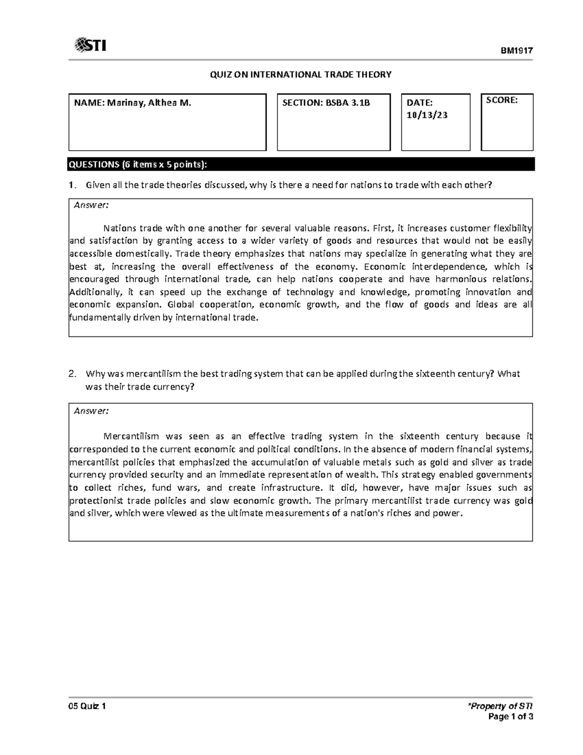 International Trade Theory - BM 05 Quiz 1 *Property of STI Page 1 of 3 ...