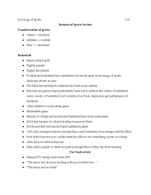 Soc of sports 1 - class notes, professor Lofquist - Christina Tumbiolo ...