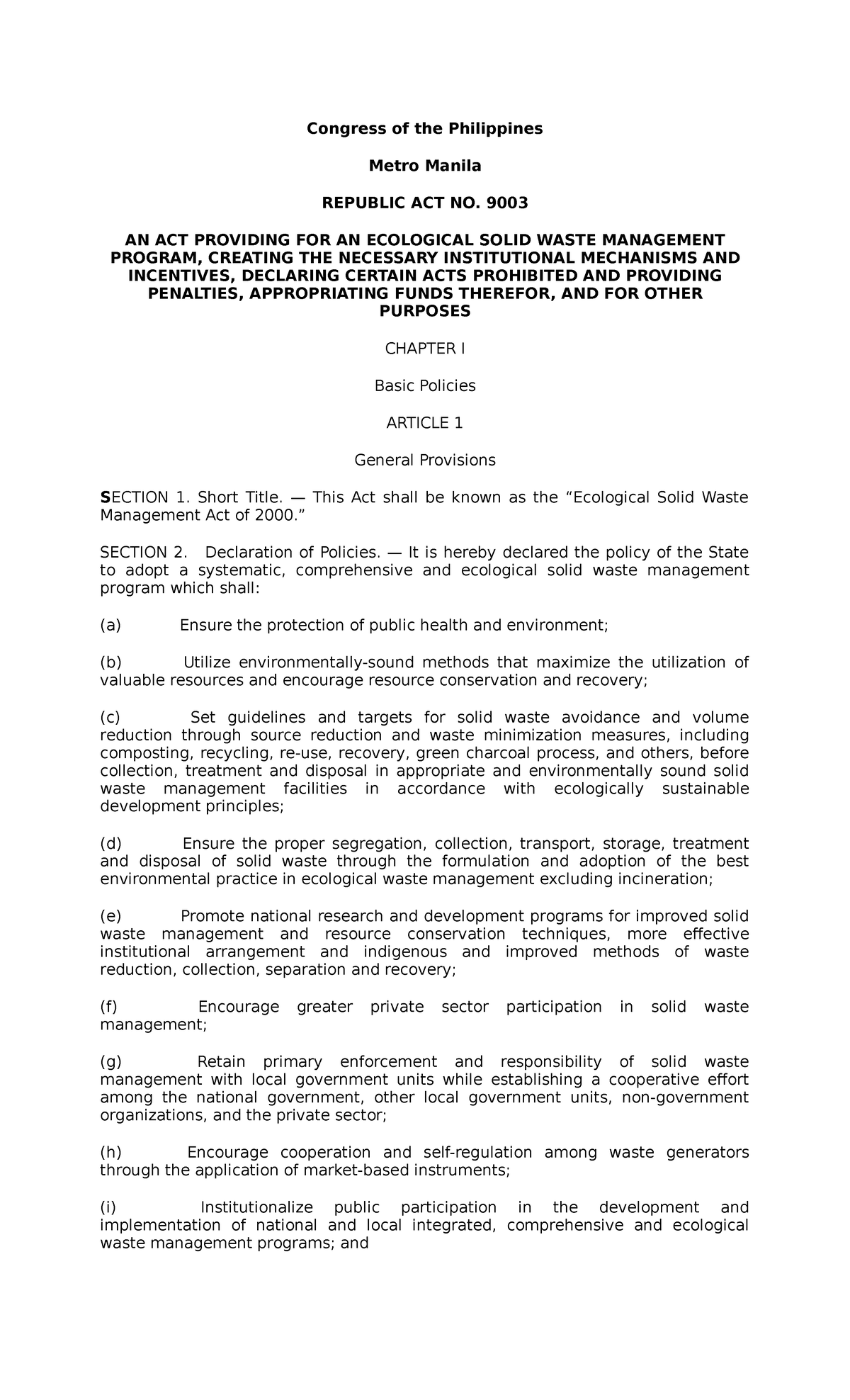 RA 9003-Solid Waste - Congress of the Philippines Metro Manila REPUBLIC ...