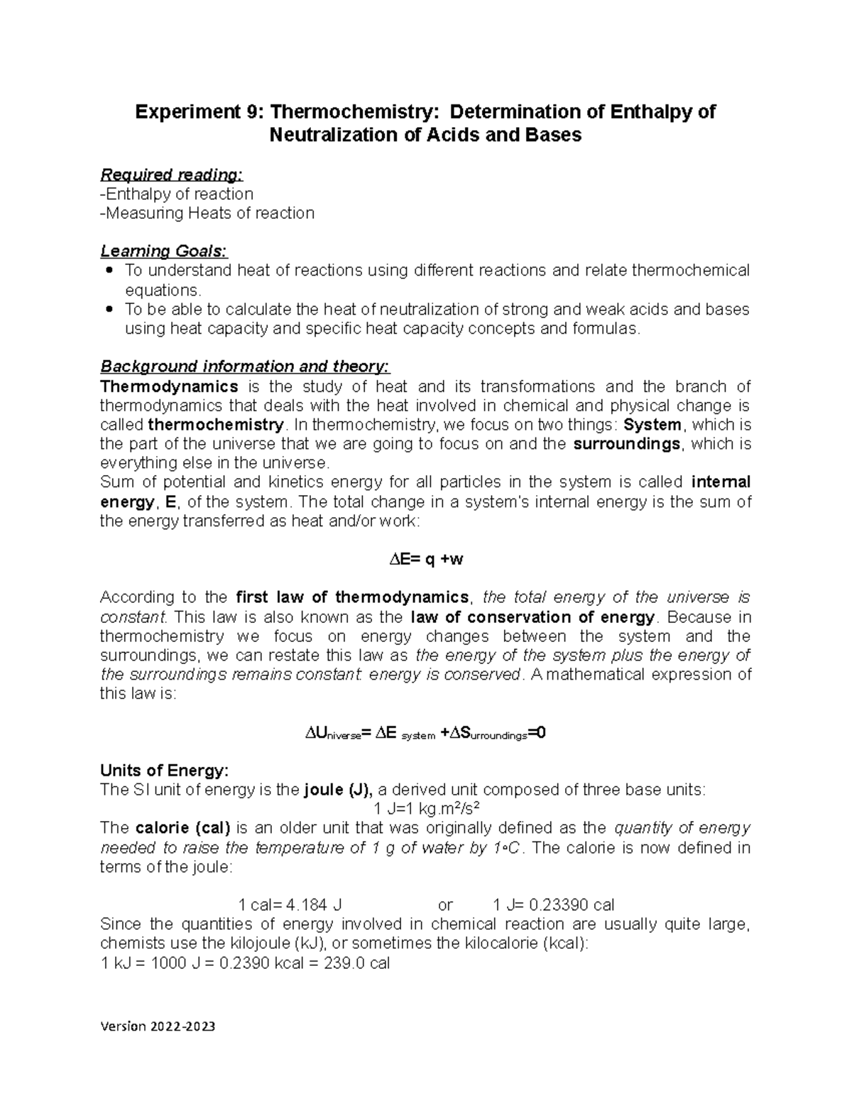 Experiment 9- Thermochemistry 2022-2023 (4) finished - Experiment 9 ...