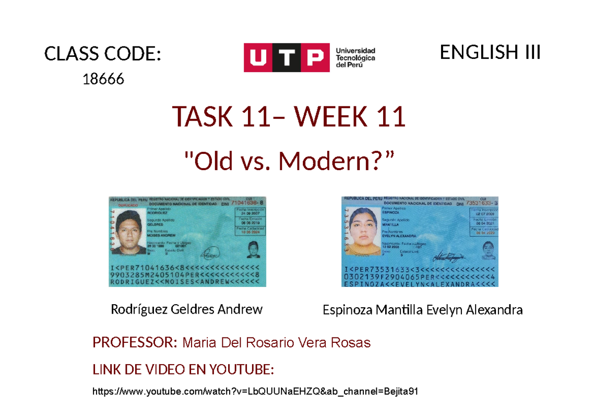 Task 11 Old vs modern - trabajos - ingles, tarea - ENGLISH III CLASS: 4875 PROFESSOR: Maria Del ...