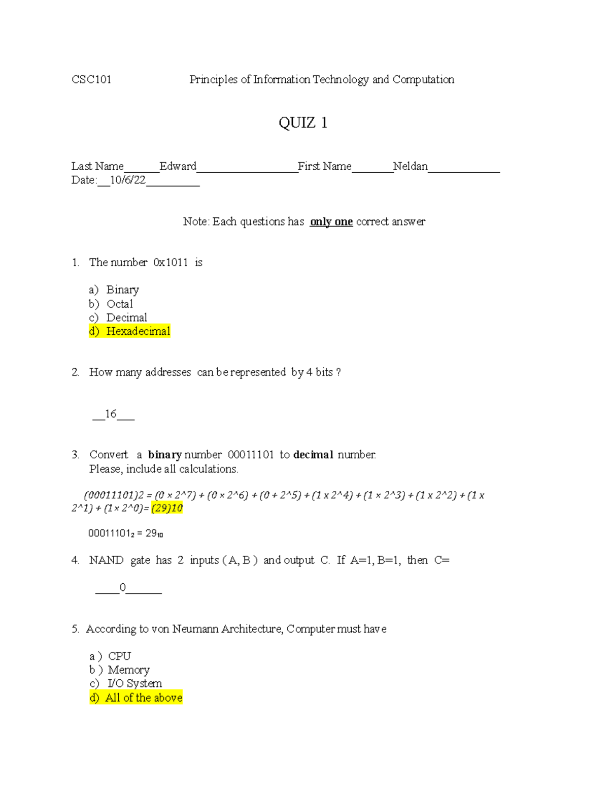 Neldan Quiz 1 2022 - LAB - CSC101 Principles of Information Technology and Computation QUIZ 1 ...