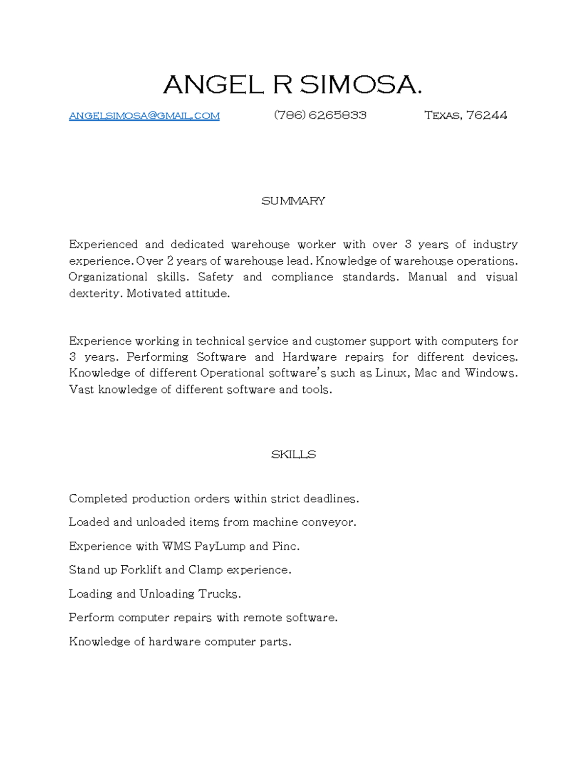 Angel R Simosa. Resume - ... - ANGEL R SIMOSA. angelsimosa@gmail (786 ...