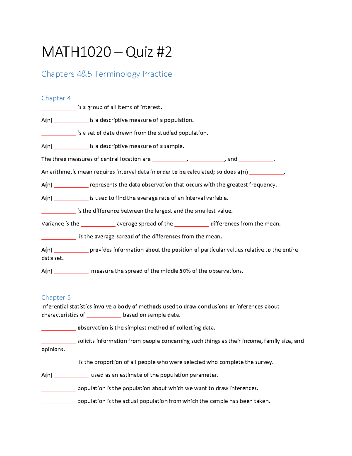 MATH1020 Ch 4-5 Terminology Practice - MATH1020 – Quiz Chapters 4&5 ...