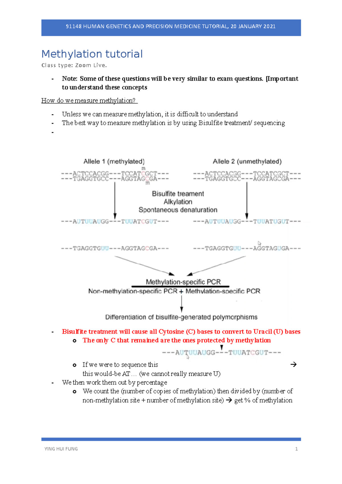Day 11 - 20 Jan Methylation tutorial - Methylation tutorial Class type: Zoom Live. - Note: Some ...