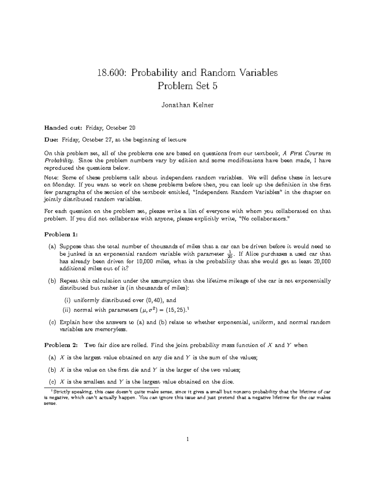 Ps5 - pset 5 problems - 18: Probability and Random Variables Problem ...