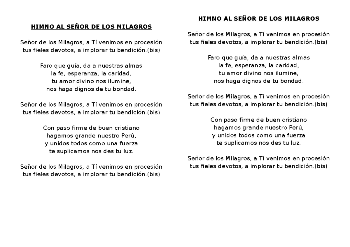 Himno AL Señor DE LOS Milagros letra - HIMNO AL SEÑOR DE LOS MILAGROS Señor de los Milagros, a ...