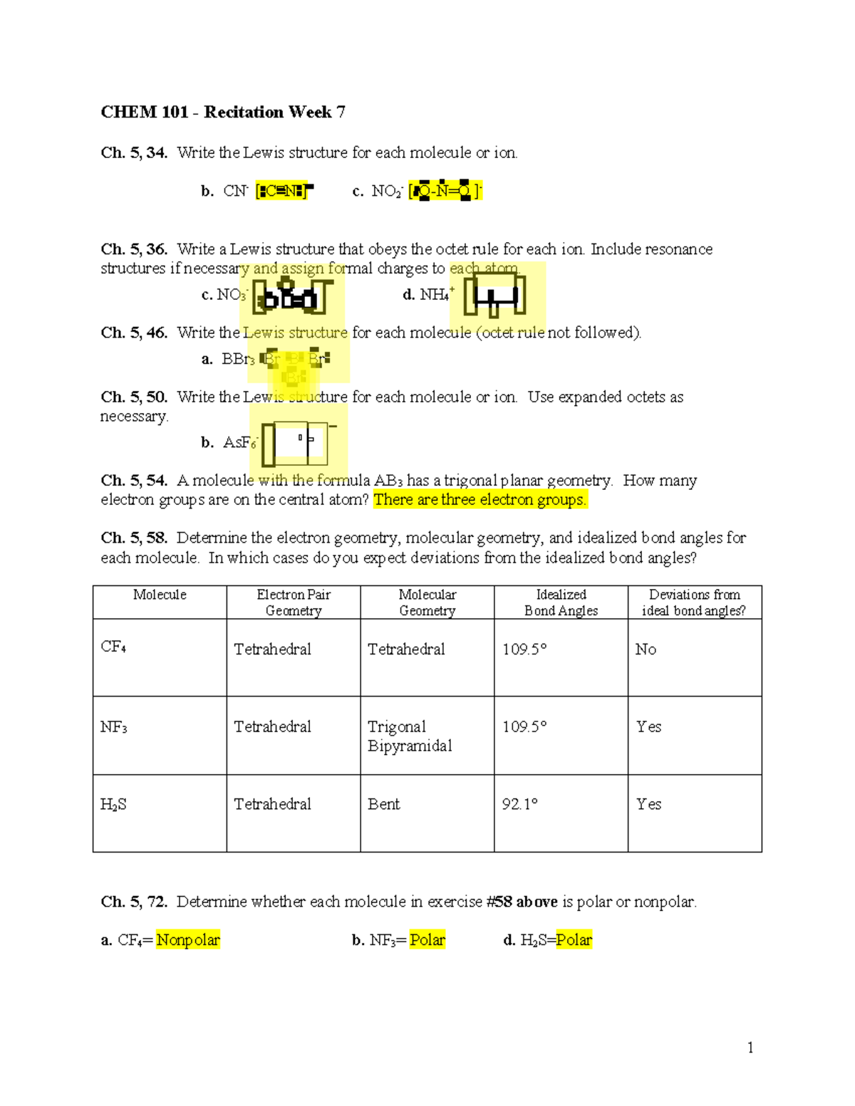 CHEM 101 Recitation Week 7 - CHEM 101 - Recitation Week 7 Ch. 5, 34 ...