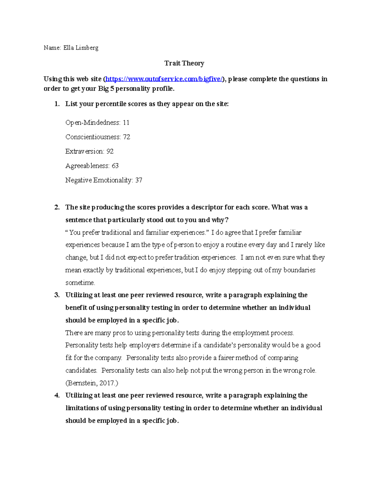 Trait Theory Short Answer Worksheet - Name: Ella Limberg Trait Theory ...