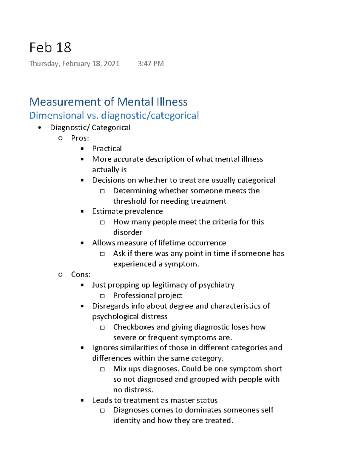 Feb 18 lecture notes - Measurement of Mental Illness Dimensional vs ...