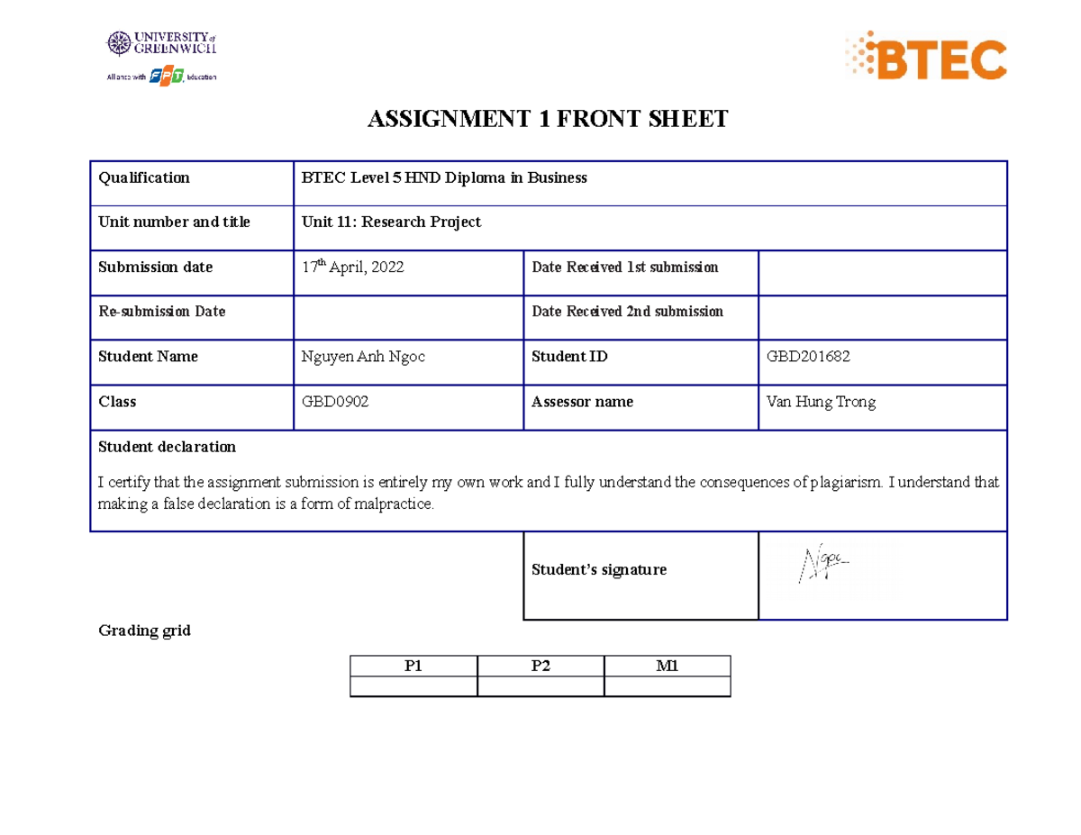522 Assignment 1 frontsheet (Sep 2021) - ASSIGNMENT 1 FRONT SHEET Qualification BTEC Level 5 HND ...