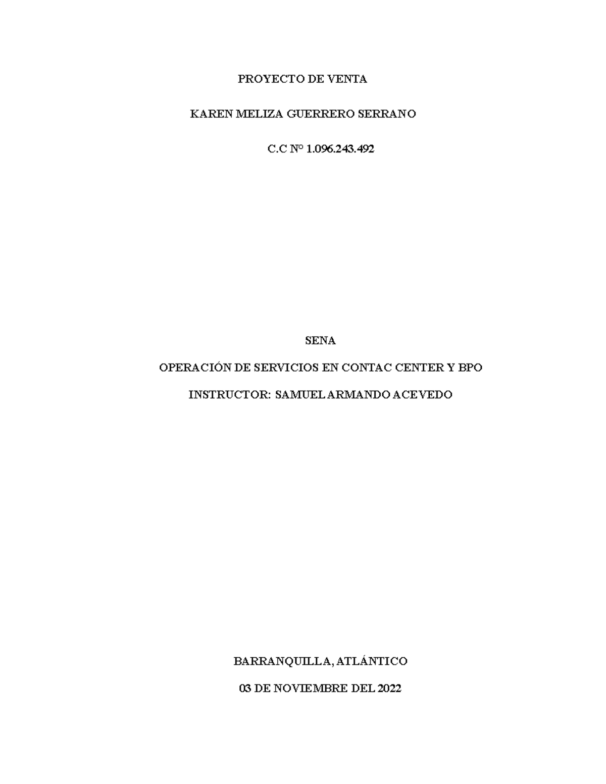 Proyecto de ventas - PROYECTO DE VENTA KAREN MELIZA GUERRERO SERRANO C ...