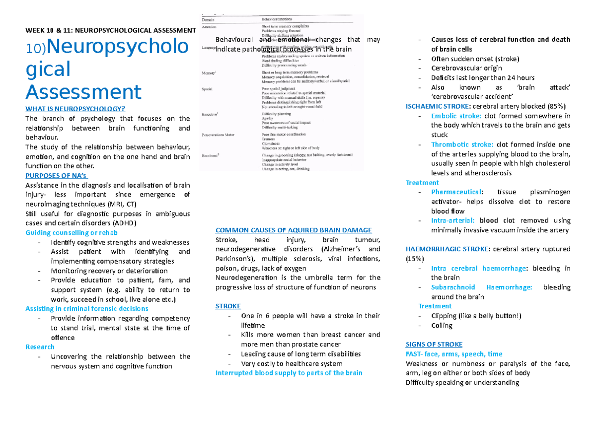 Week 10 & 11 - Neuropsychological Assessment - 10)Neuropsycholo gical ...