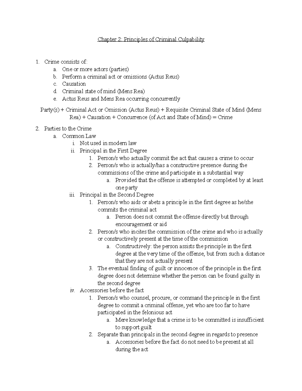 Chapter 2 Notes - Chapter 2: Principles of Criminal Culpability 1 ...