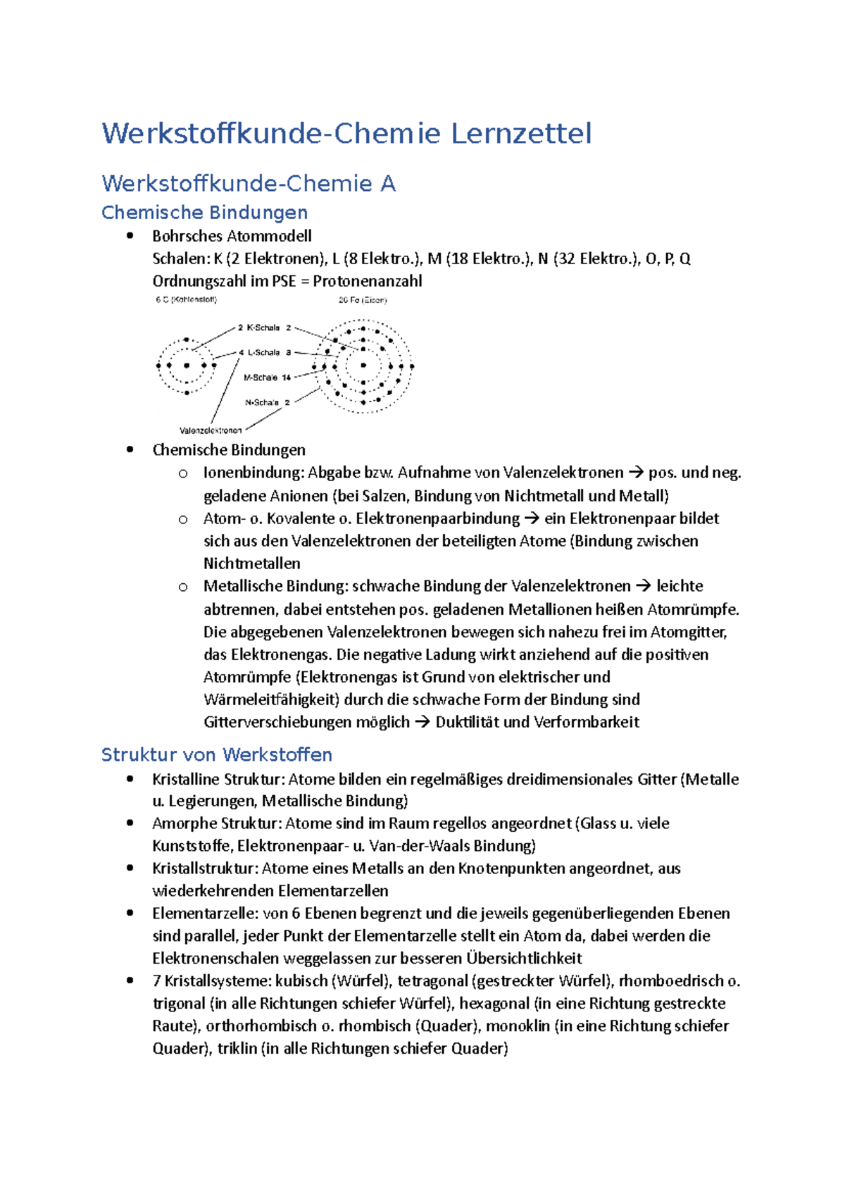 Lernzettel WkC A+B - Werkstoffkunde-Chemie Lernzettel Werkstoffkunde-Chemie A Chemische ...