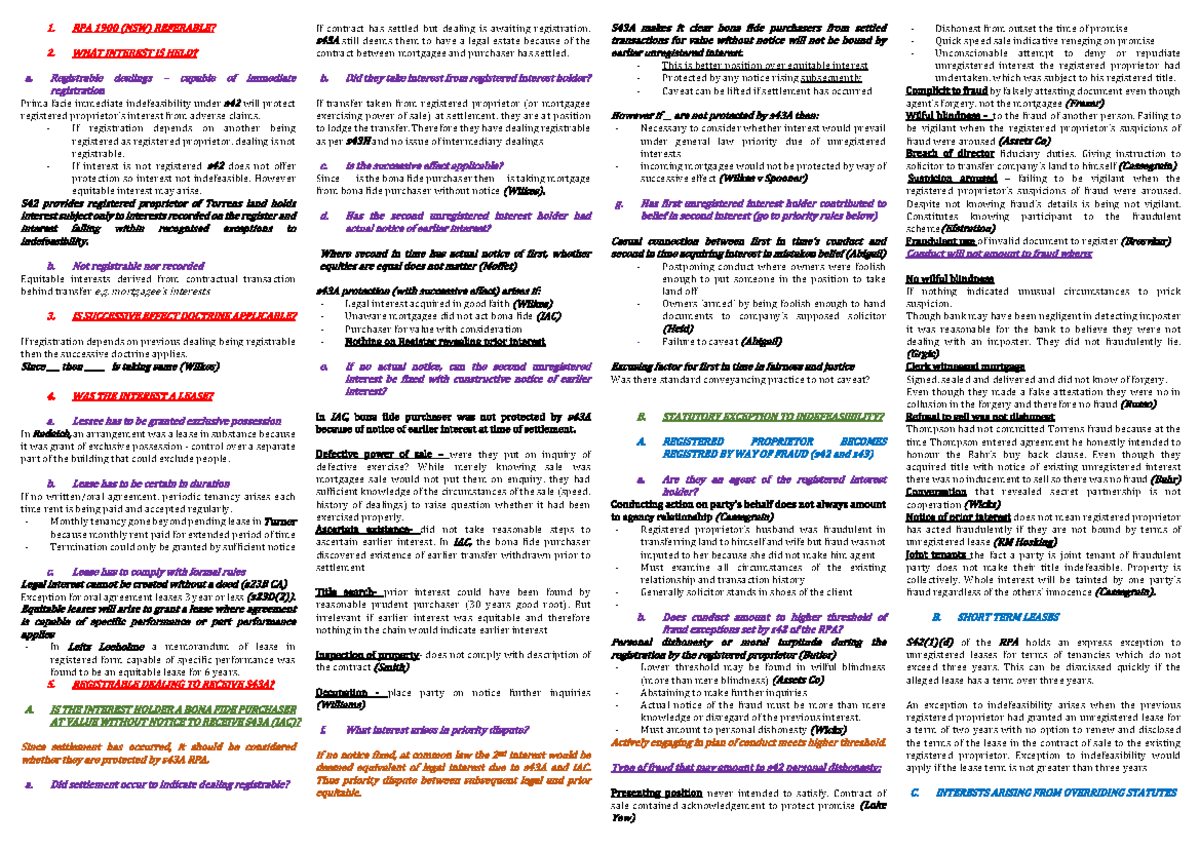 Property-Law Exam Cheatsheet - Warning: TT: undefined function: 32 1. RPA 1900 (NSW) REFERABLE ...