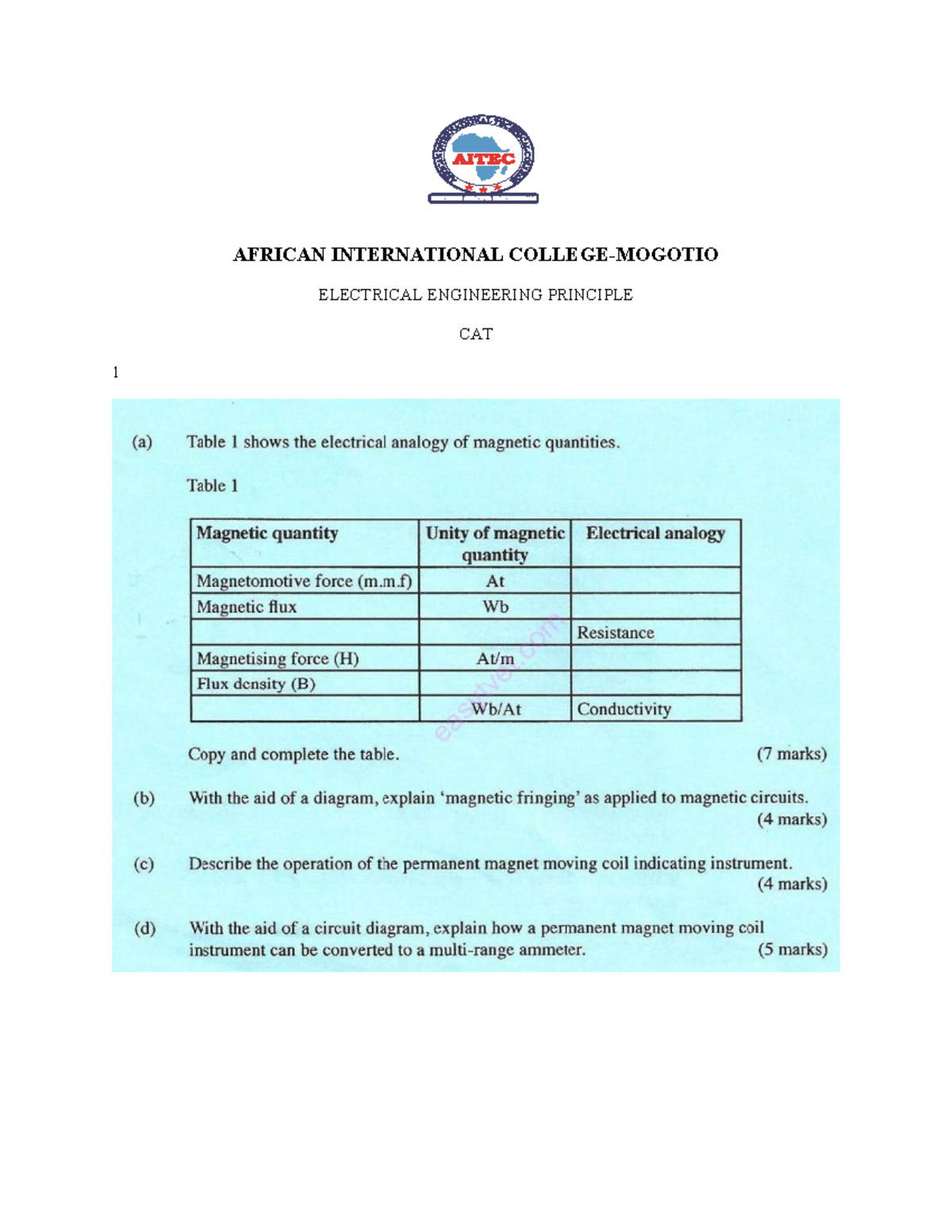 Electrical Engineering Principle - AFRICAN INTERNATIONAL COLLEGE ...