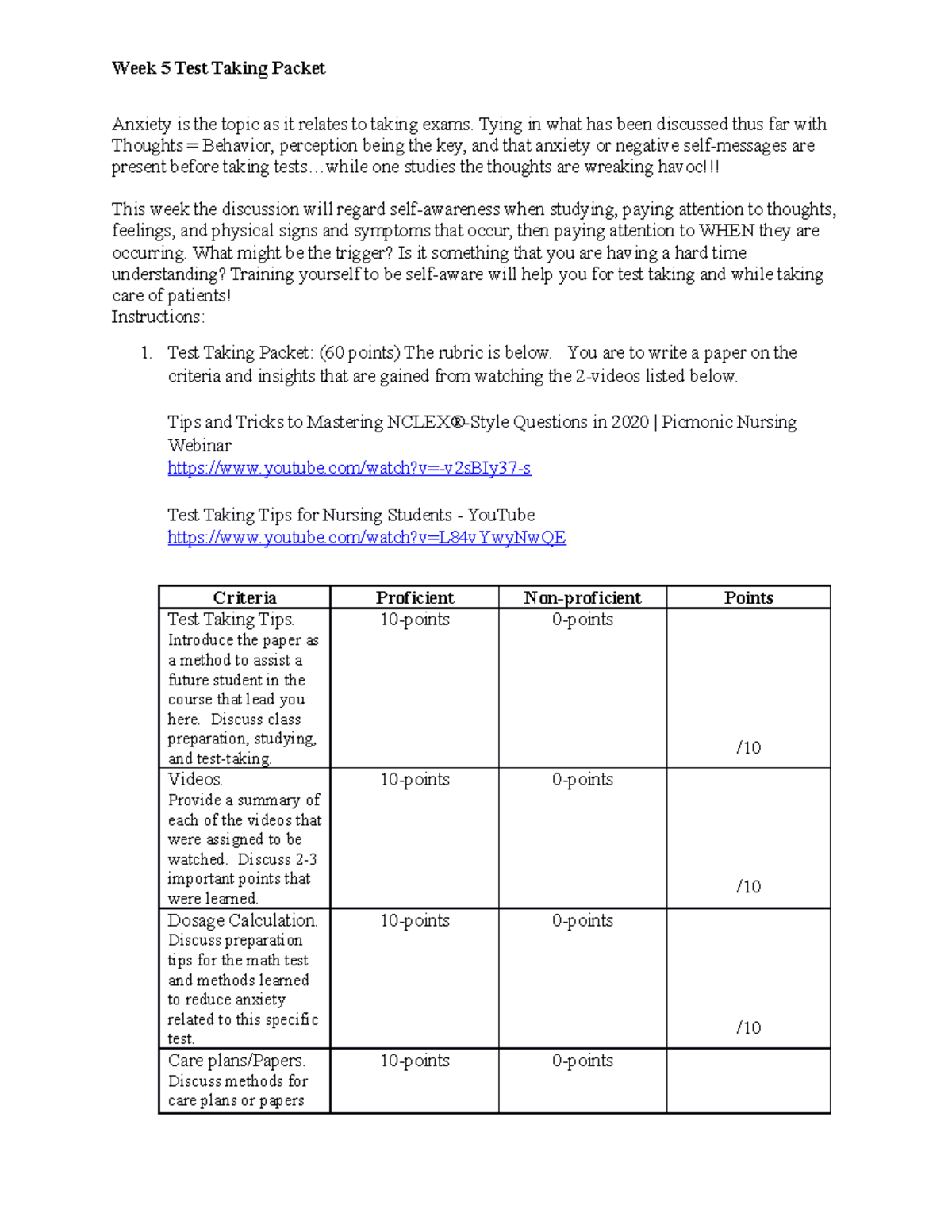 Week 5 Test Taking Packet - Week 5 Test Taking Packet Anxiety is the ...