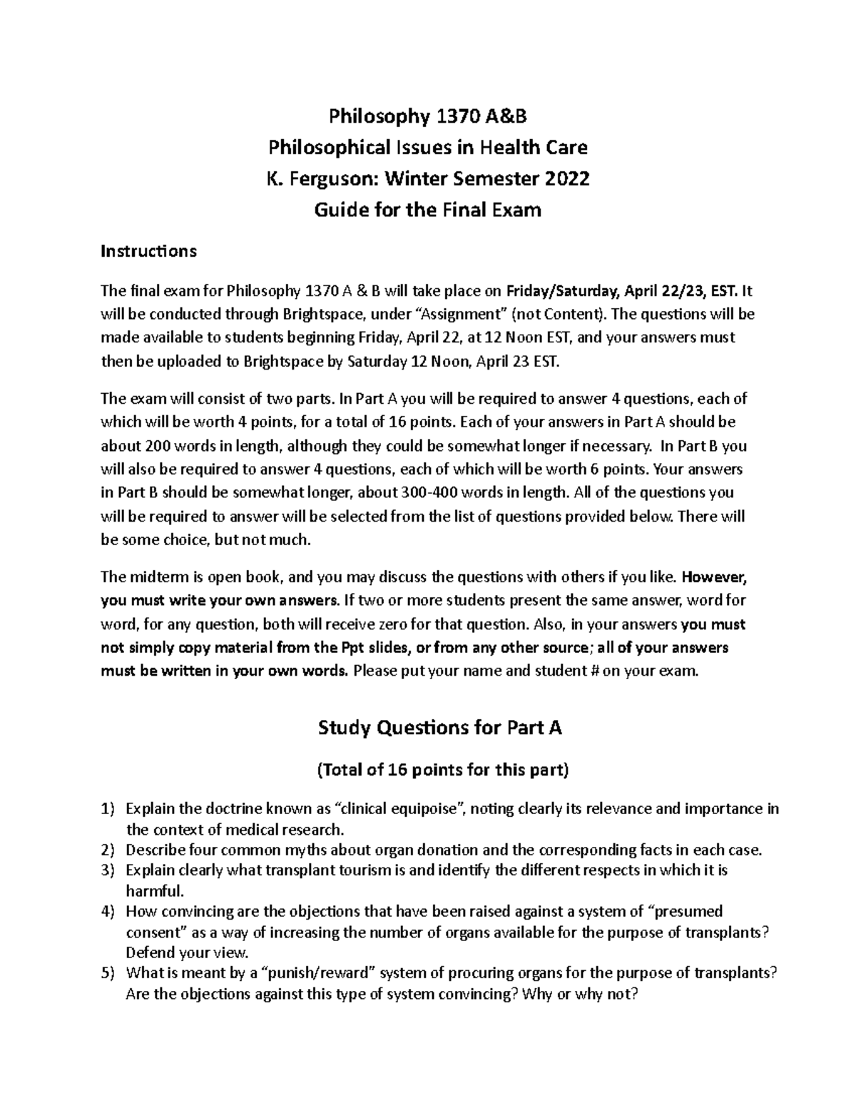 Guide for the Final Exam Questions 2022 - Philosophy 1370 A&B ...