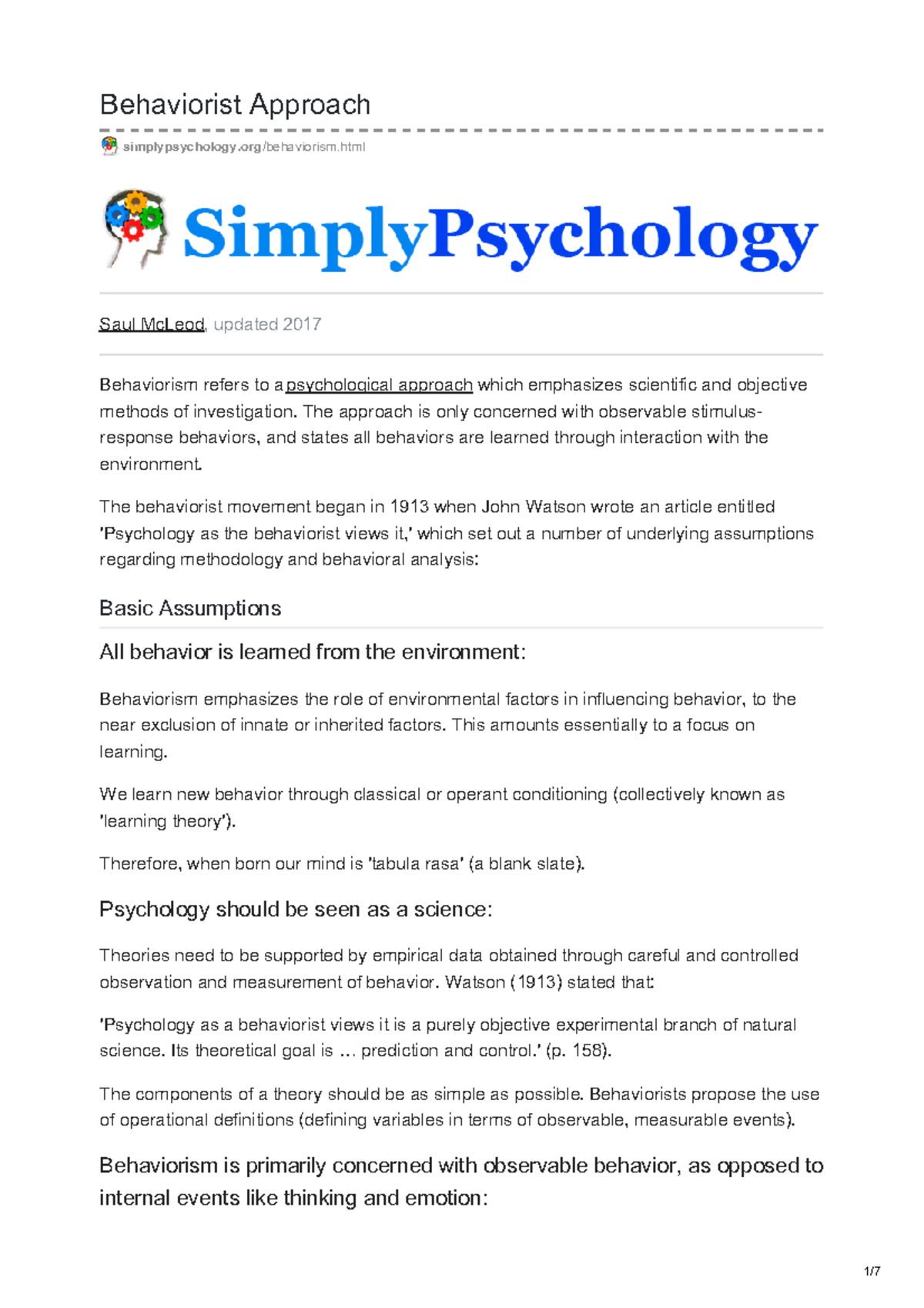 Behaviorist Approach - PSYCHOLOGY - Behaviorist Approach ...