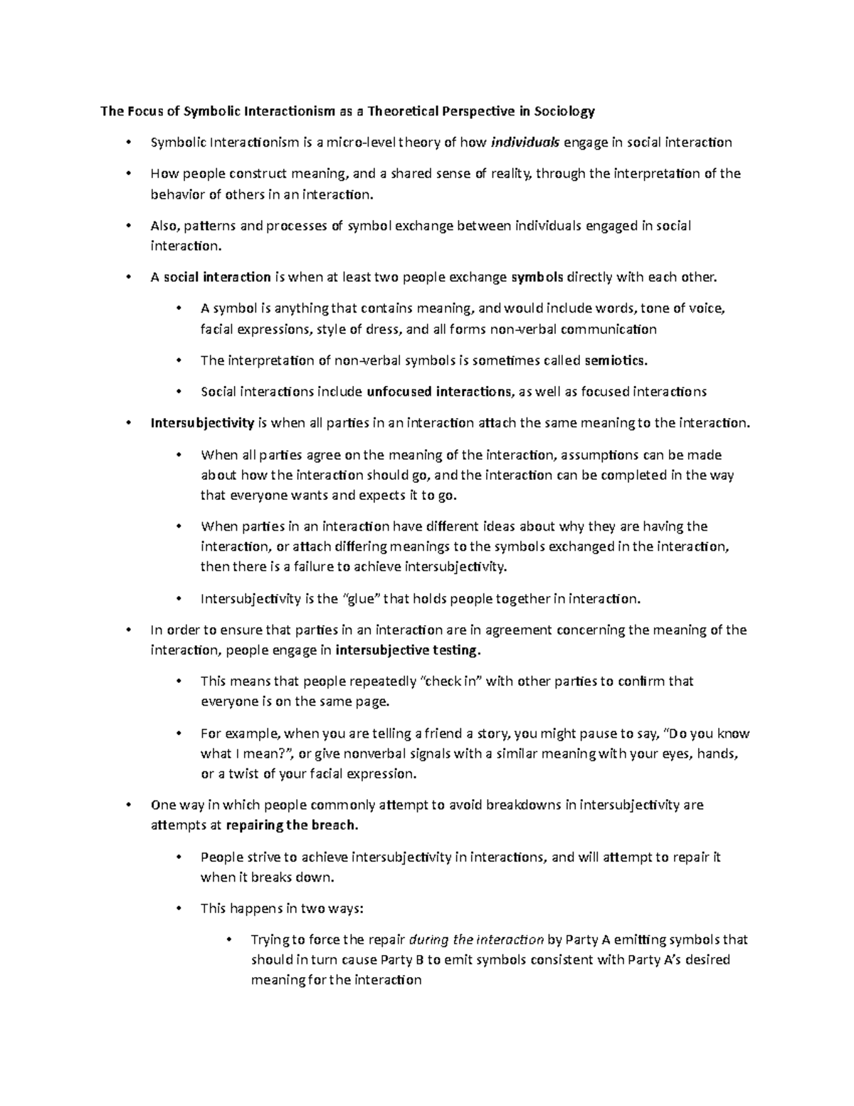 Sociology Class Notes - The Focus of Symbolic Interactionism as a ...