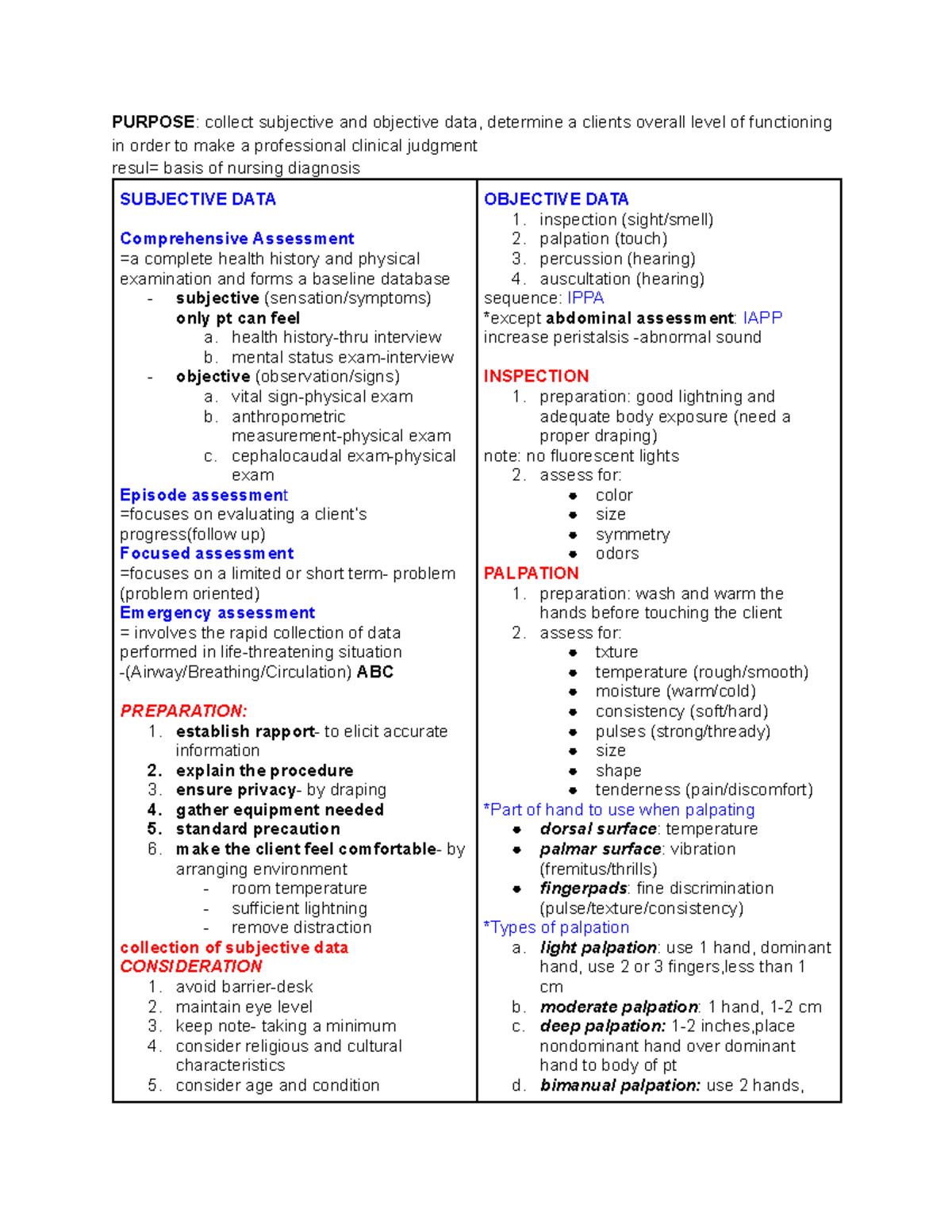 Health- Assessmentlevel 2-1 - PURPOSE: collect subjective and objective ...