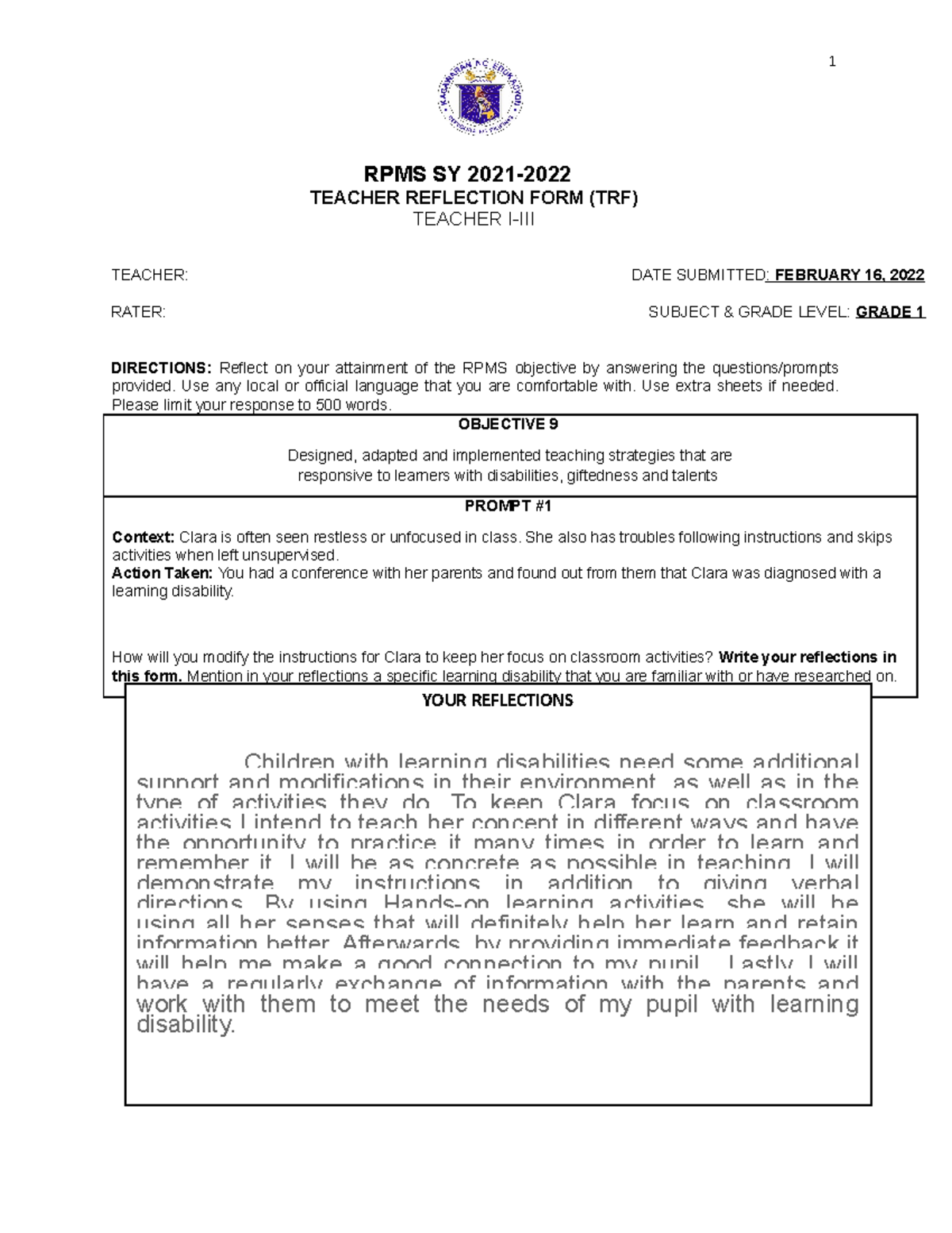 TRF Objective 9 - 1 RPMS SY 2021- TEACHER REFLECTION FORM (TRF) TEACHER ...